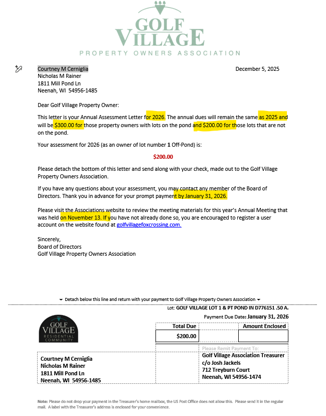Prepare and Mail Association Annual Dues Invoice – Golf Village ...